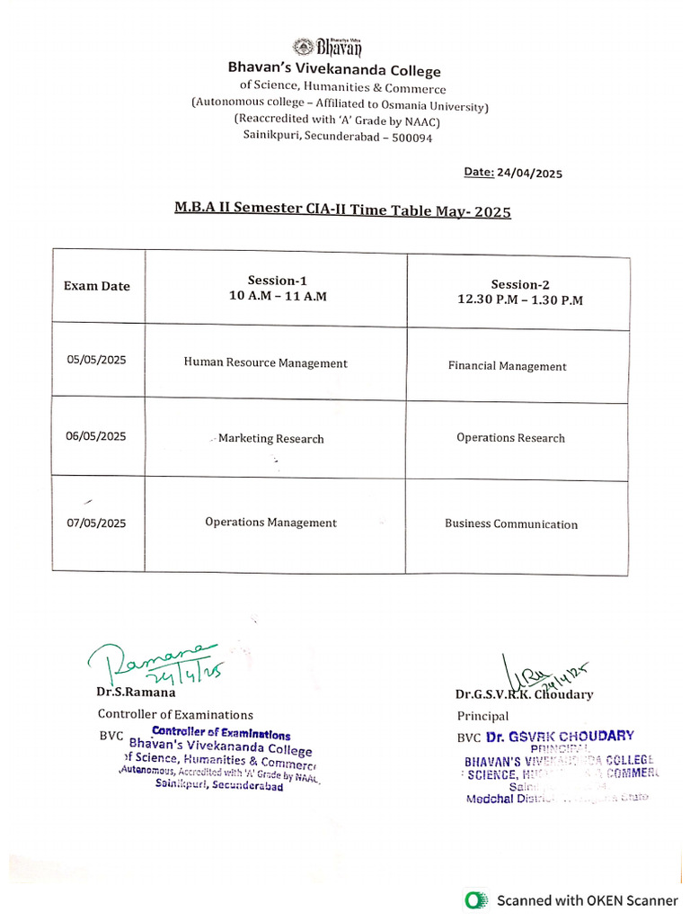 MBA II SEM CIA-II May-2025 Time Table | PDF