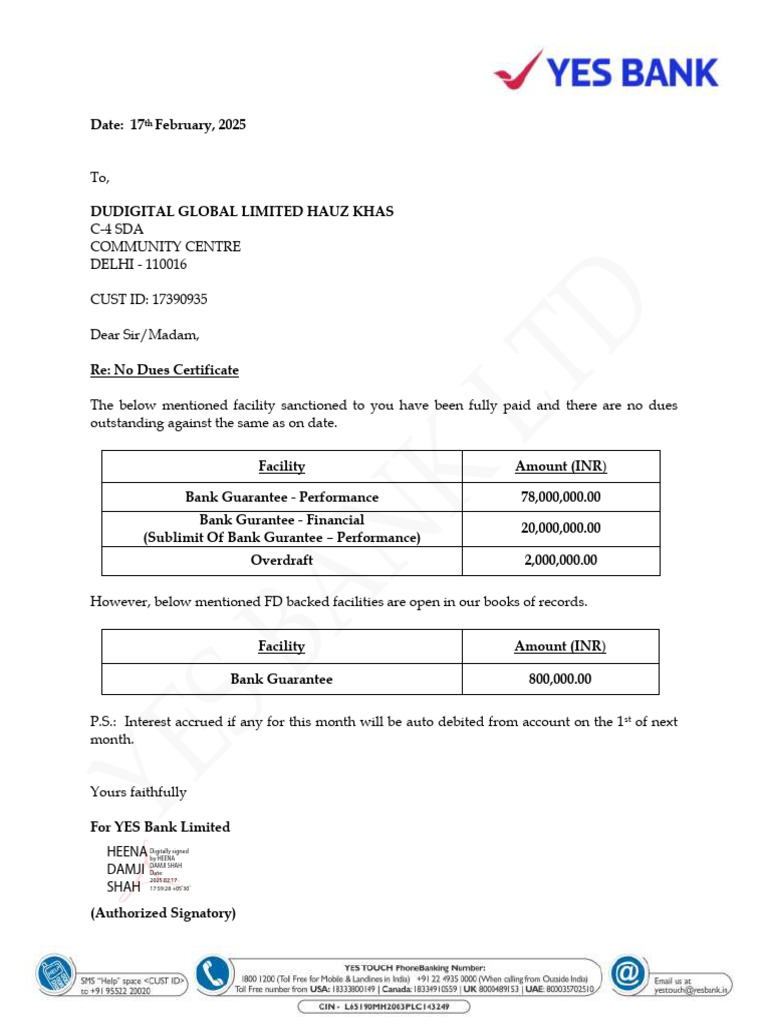 No Dues Certificate - Yes Bank Limited | PDF