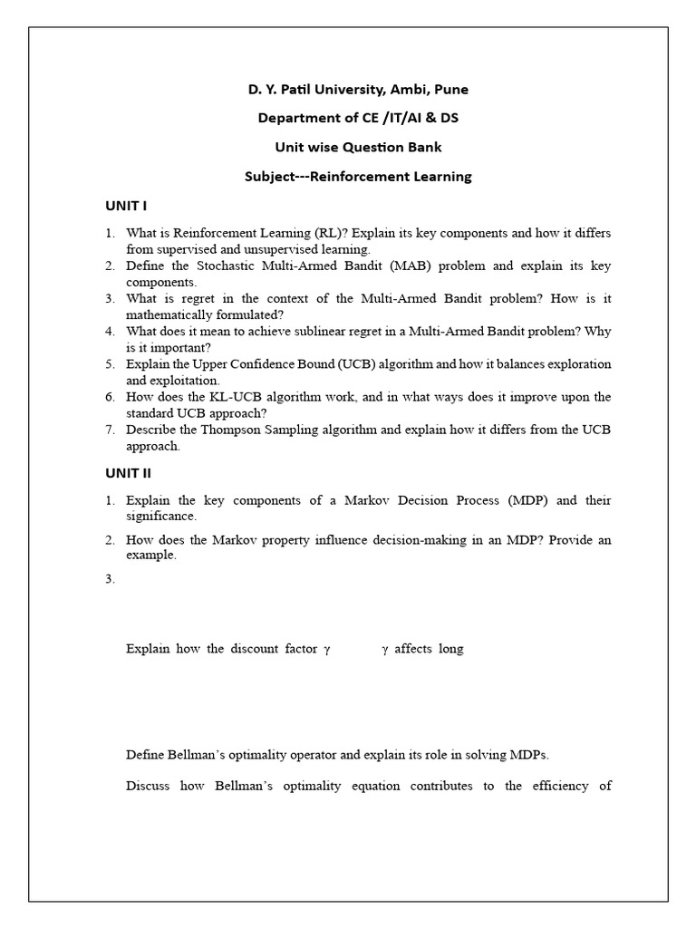 Question Bank - Reinforcement Learning | PDF | Applied Mathematics ...