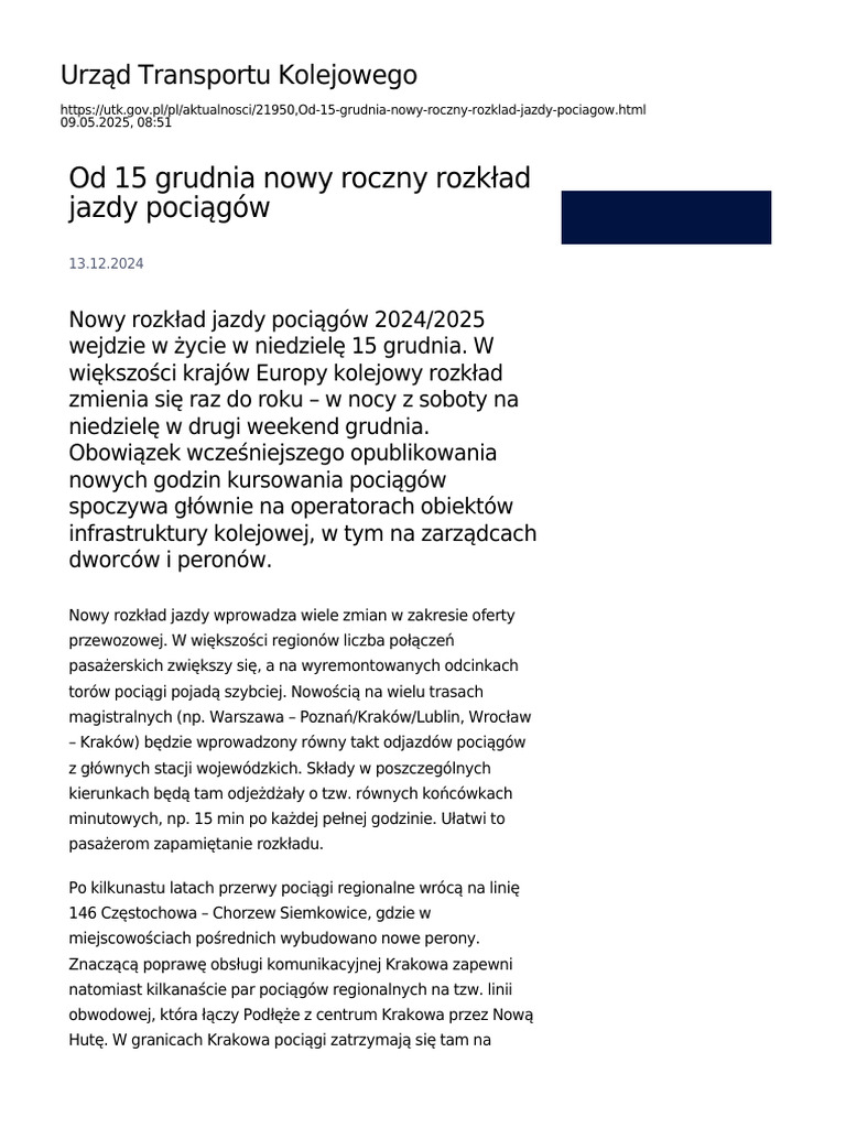 Od 15 Grudnia Nowy Roczny Rozklad Jazdy Pociagow | PDF