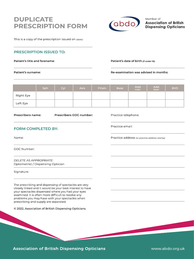 ABDO Duplicate Prescription Form A4 APR23 | PDF