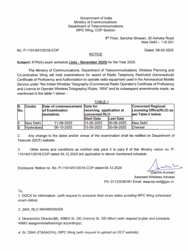 RTR (A) Exam Schedule (July - November 2025) For The Year 2025 | PDF