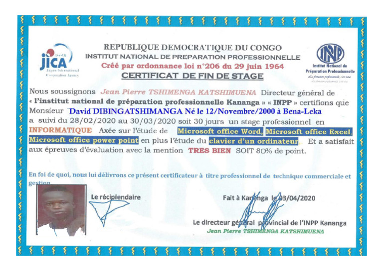 Certificat de Inpp Kananga | PDF