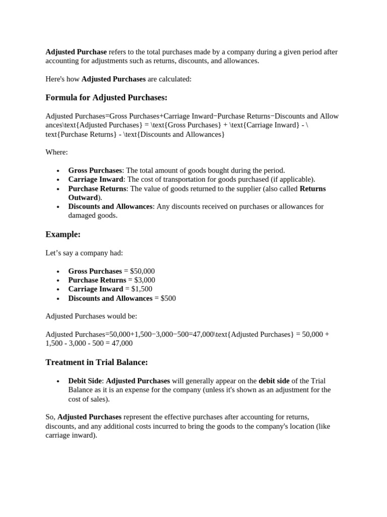 Adjusted Purchase Refers To The Total Purchases Made by A Company ...