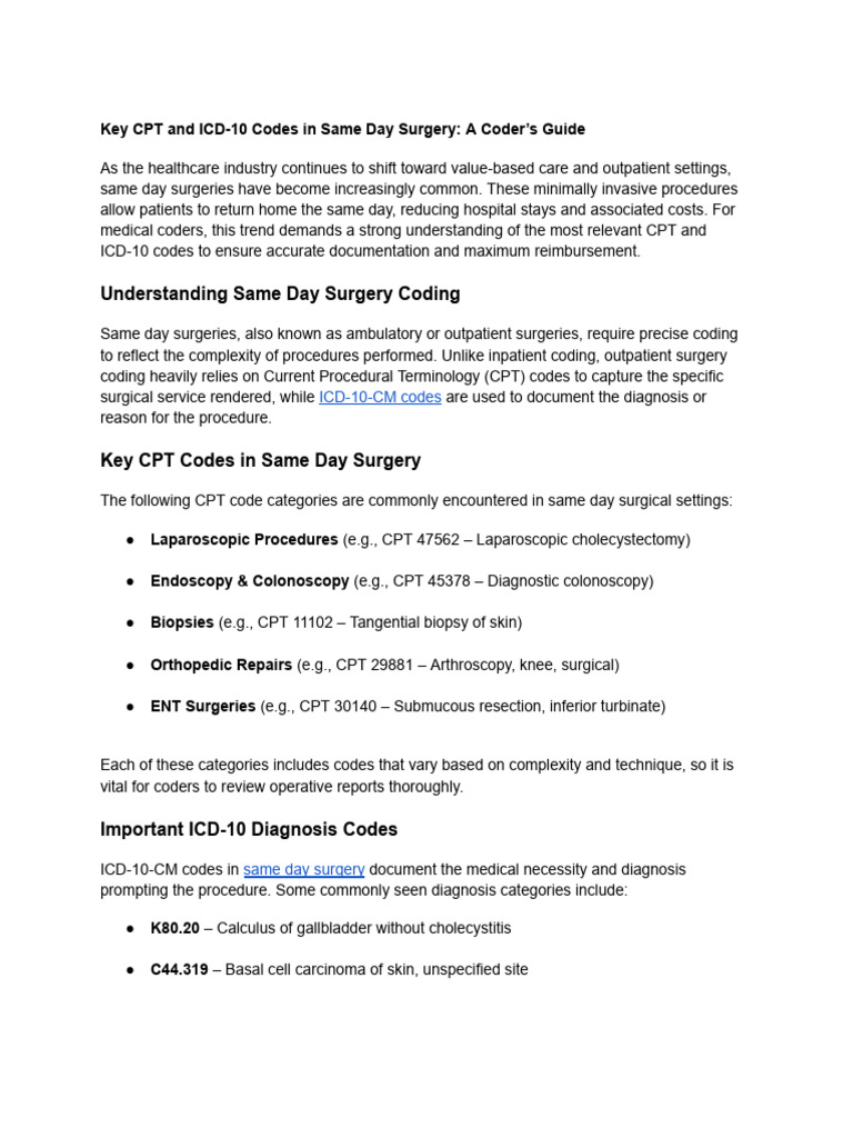 Medium - Key CPT and ICD-10 Codes in Same Day Surgery - A Coder's Guide | PDF | Surgery | Health ...