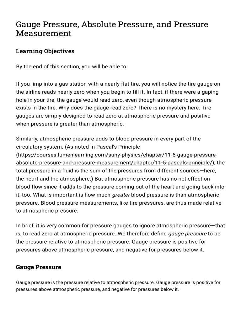 Gauge Pressure, Absolute Pressure, and Pressure Measurement - PH | PDF ...