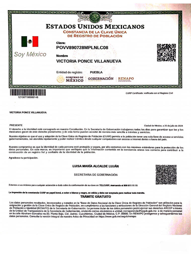 Victoria Ponce Villanueva - Curp | PDF