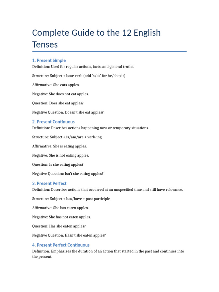 Full 12 English Tenses Guide | PDF | Perfect (Grammar) | Languages