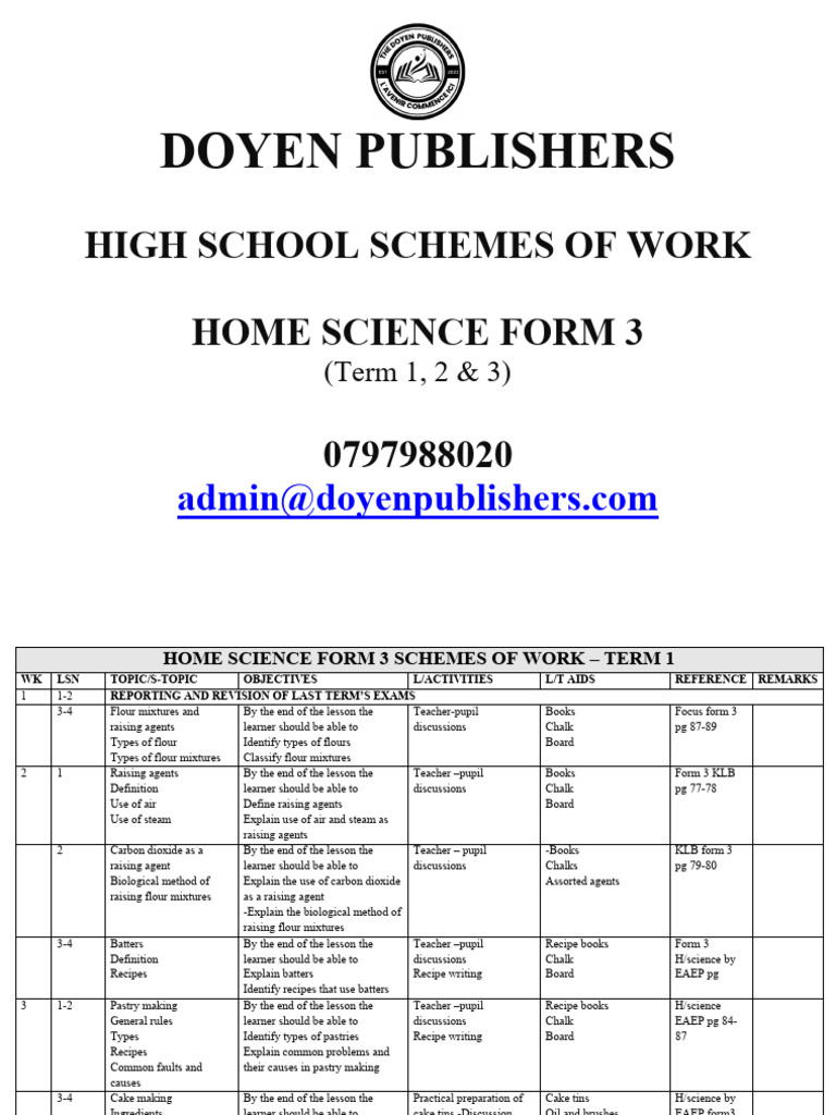 Home Science Form 3 Schemes of Work | PDF | Cakes | Lighting