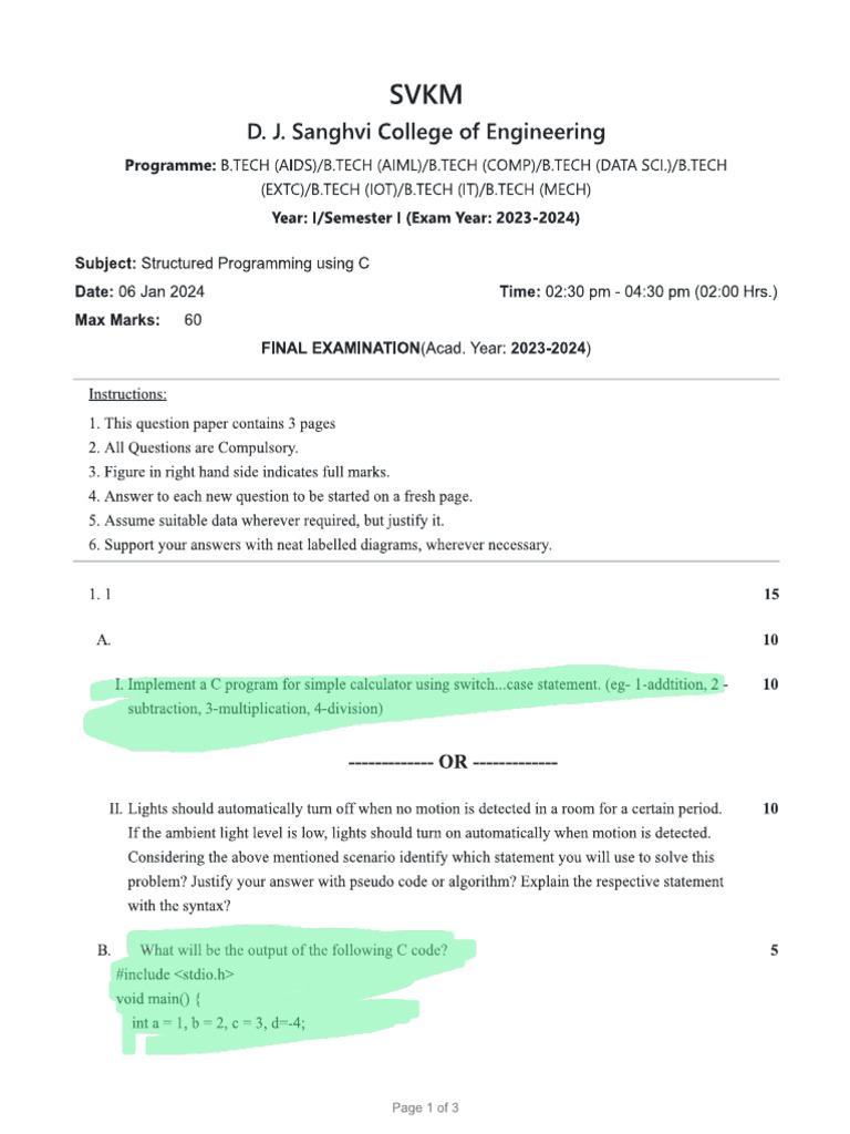 QP-ALL-SEM-I-Structured Programming Using C-Jan 2024 | PDF