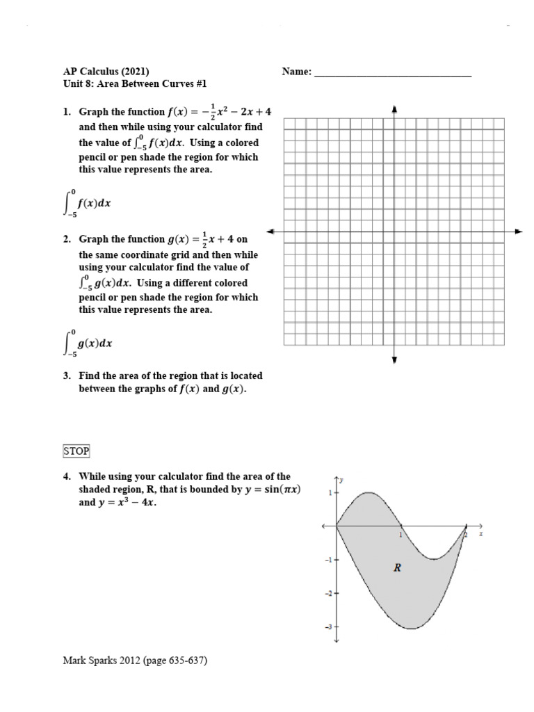 APC 2area Between Curves 1 Sparks 635 PDF | PDF | Tangent | Algebraic ...