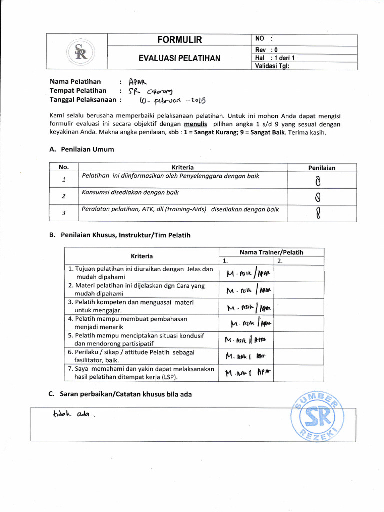 Formulir Evaluasi Pelatihan | PDF