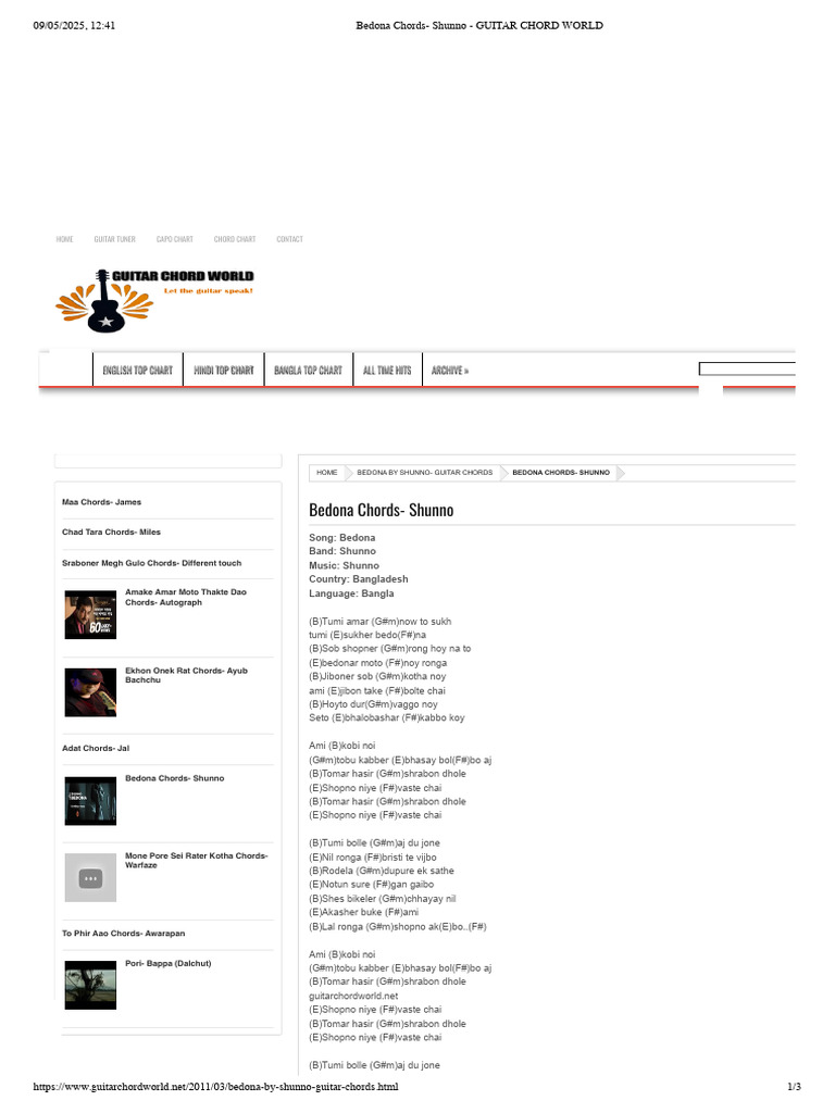 Bedona Chords - Shunno - GUITAR CHORD WORLD | PDF