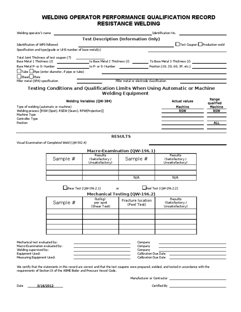 Welder Performance Qualification Record | PDF