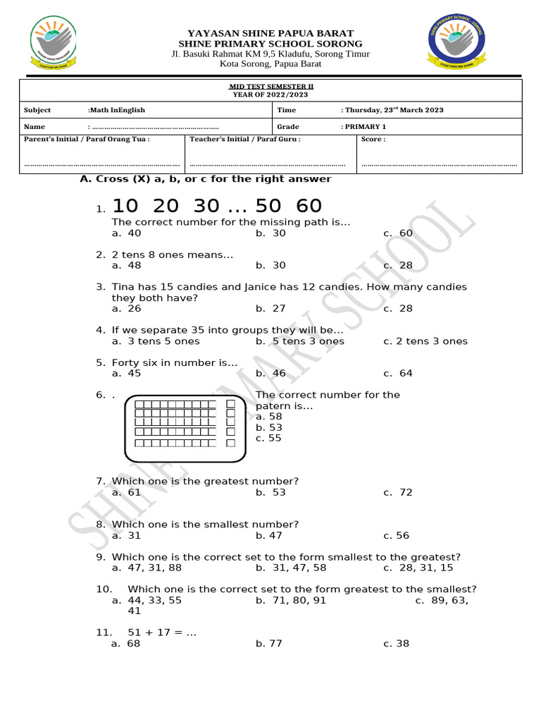 Mid Test Math Semester II | PDF