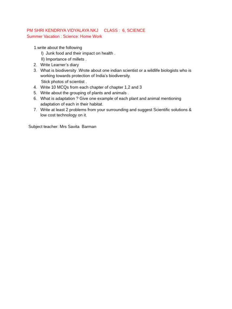 Class 6 Science Summer Homework Tasks | PDF
