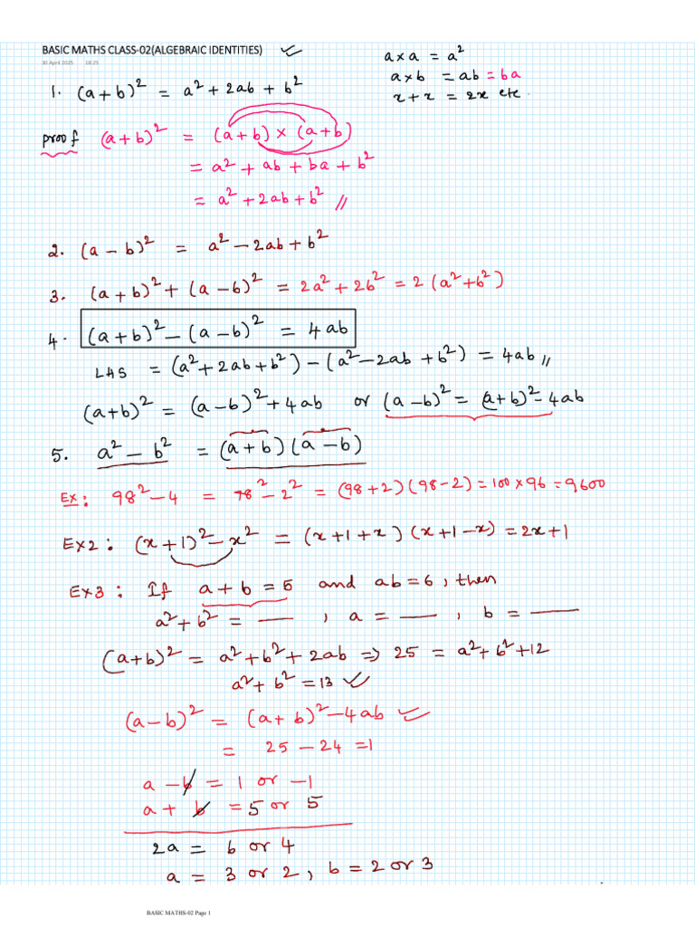 Basic Maths (Identities) Class-02 | PDF