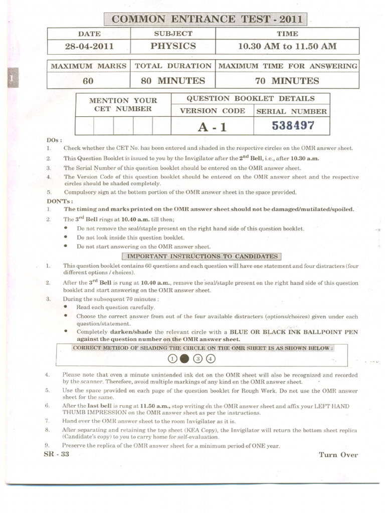 Kcet 2011 Physics Question Paper | PDF