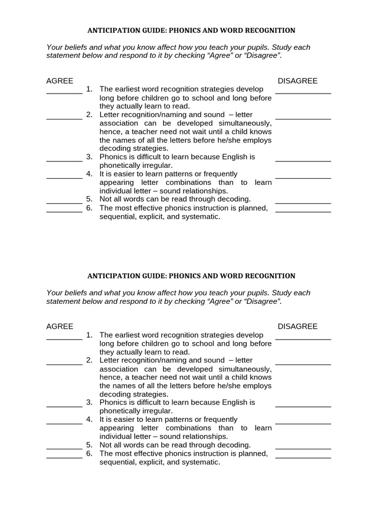 Anticipation Guide-Phonics and Word Recognition | PDF | Phonics | Syllable