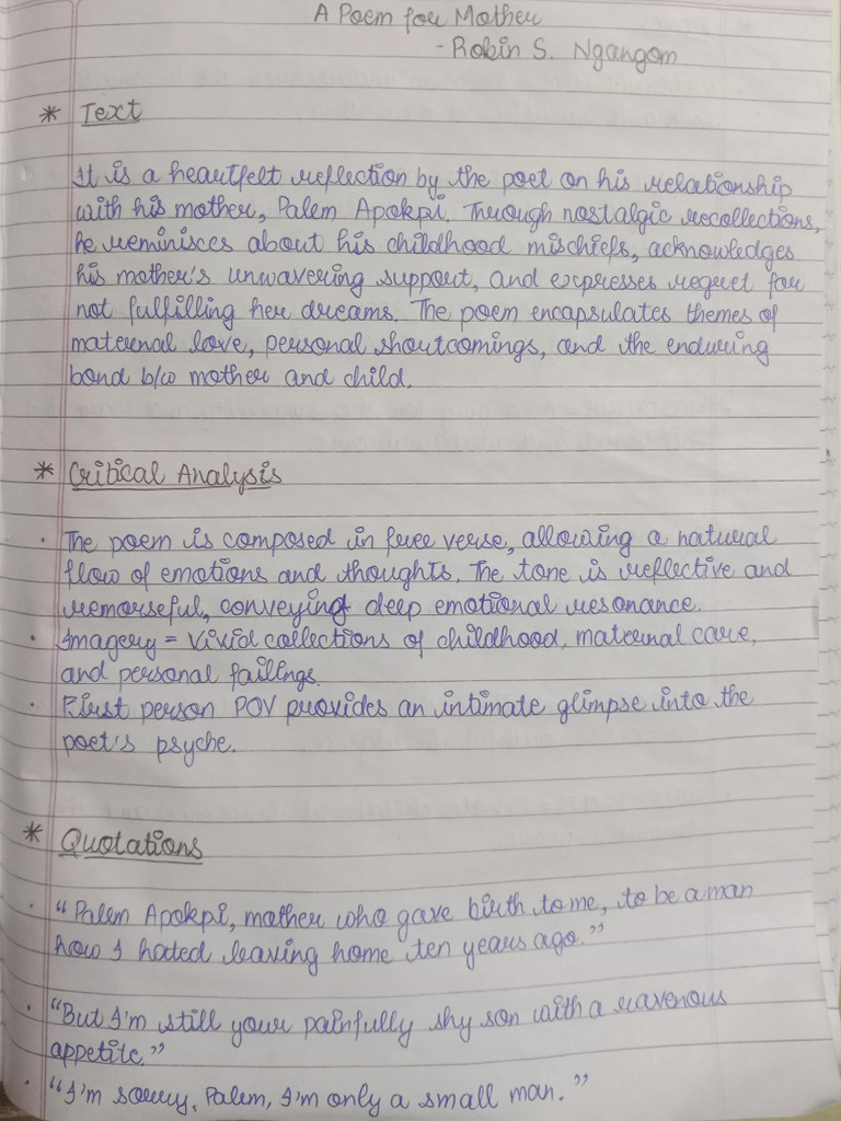 A Poem For Mother - Notes | PDF