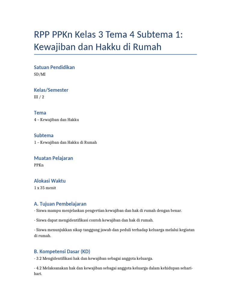 RPP_Kewajiban_dan_Hakku_di_Rumah_Kelas_3 | PDF