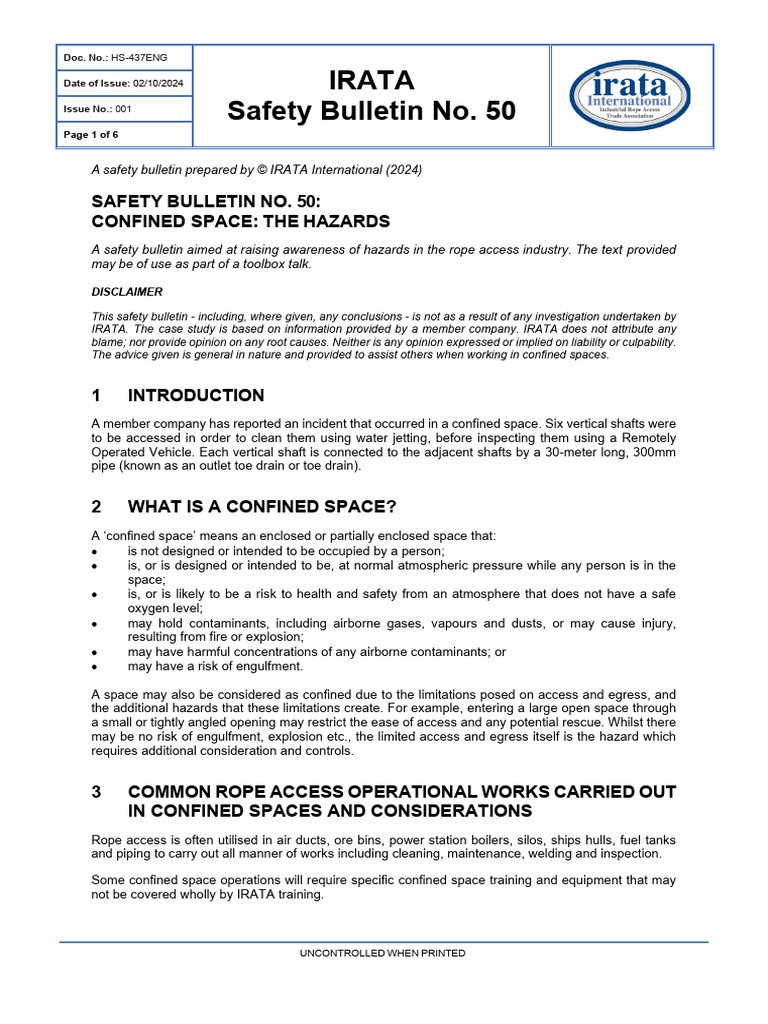 IRATA Safety Bulletin: Confined Space Hazards | PDF | Safety ...