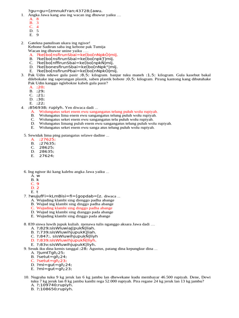 Latihan Soal Angka Jawa X 2025 | PDF