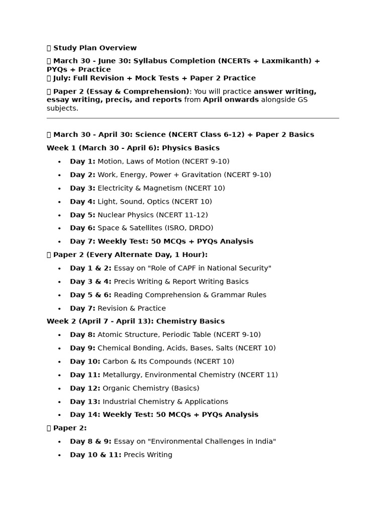CAPF Study Plan Overview | PDF | Chemistry | Physics