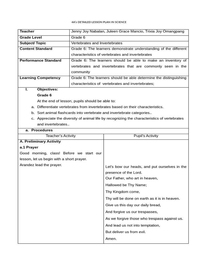 Multigrade 4a Lesson Plan 1 | PDF | Invertebrate | Skeleton