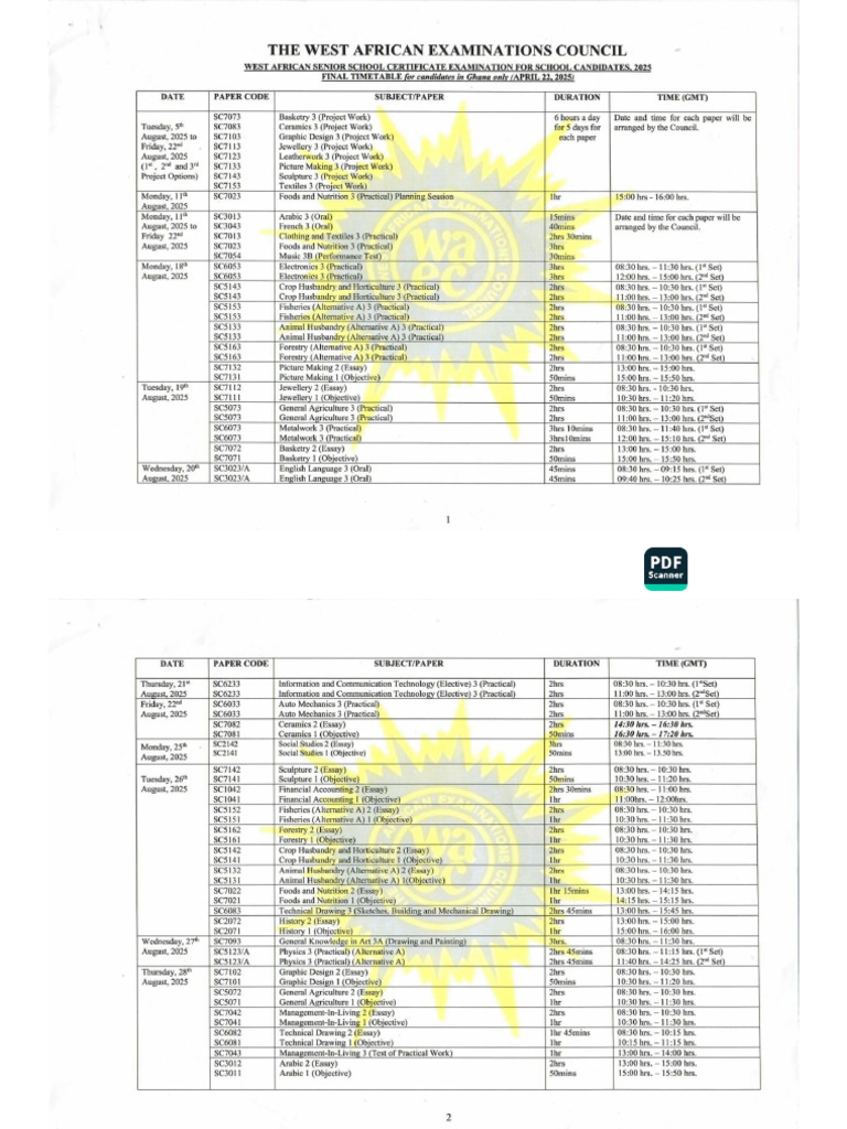 Confirmed Time Table For Wassce 2025 | PDF