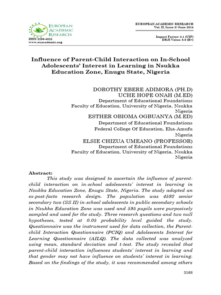 Influence of Parent Child Interaction On | PDF | P Value | Learning