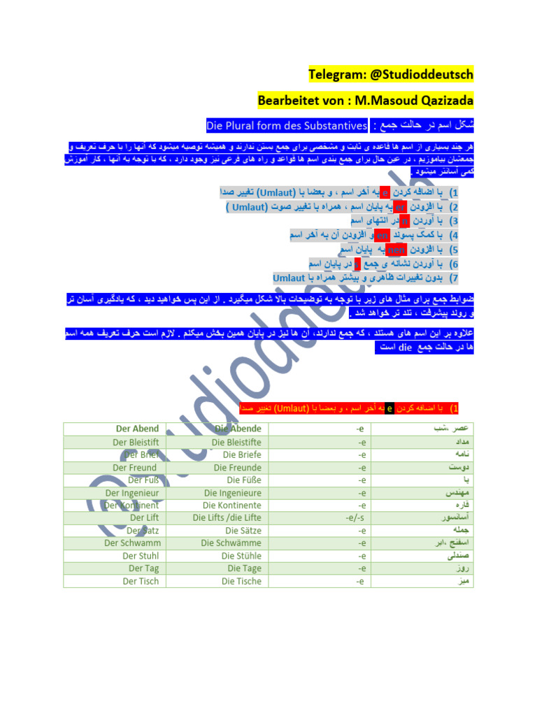Die Plural Form Des Subestantives b1 Grammar | PDF