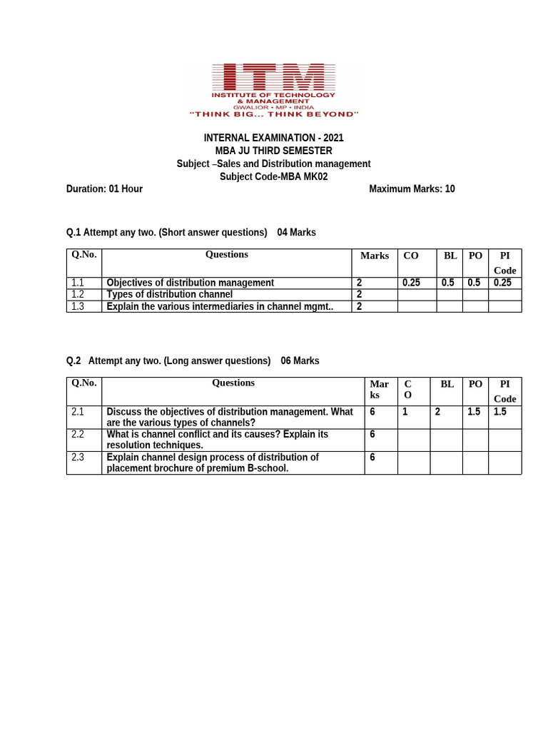 ITM Internal Examination Paper | PDF