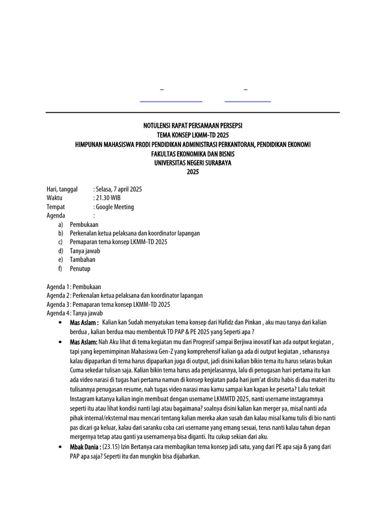 Notulensi Rapat Persamaan Persepsi Tema Konsep LKMM-TD 2025 | PDF