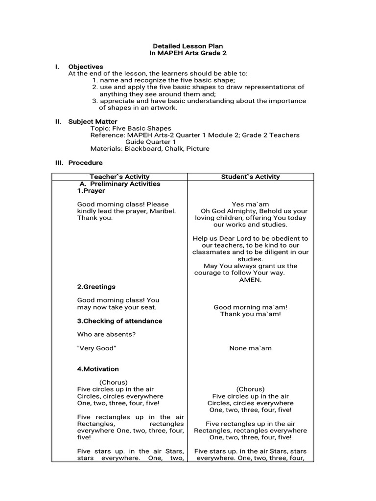 Grade 2 Lesson Plan: Five Basic Shapes | PDF | Shape | Euclidean Geometry