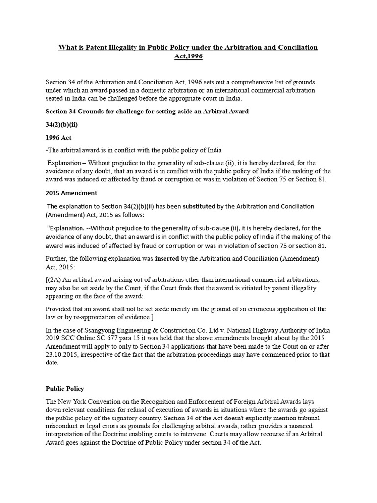Patent Illegality & Public Policy | PDF | Arbitration | Public Policy ...