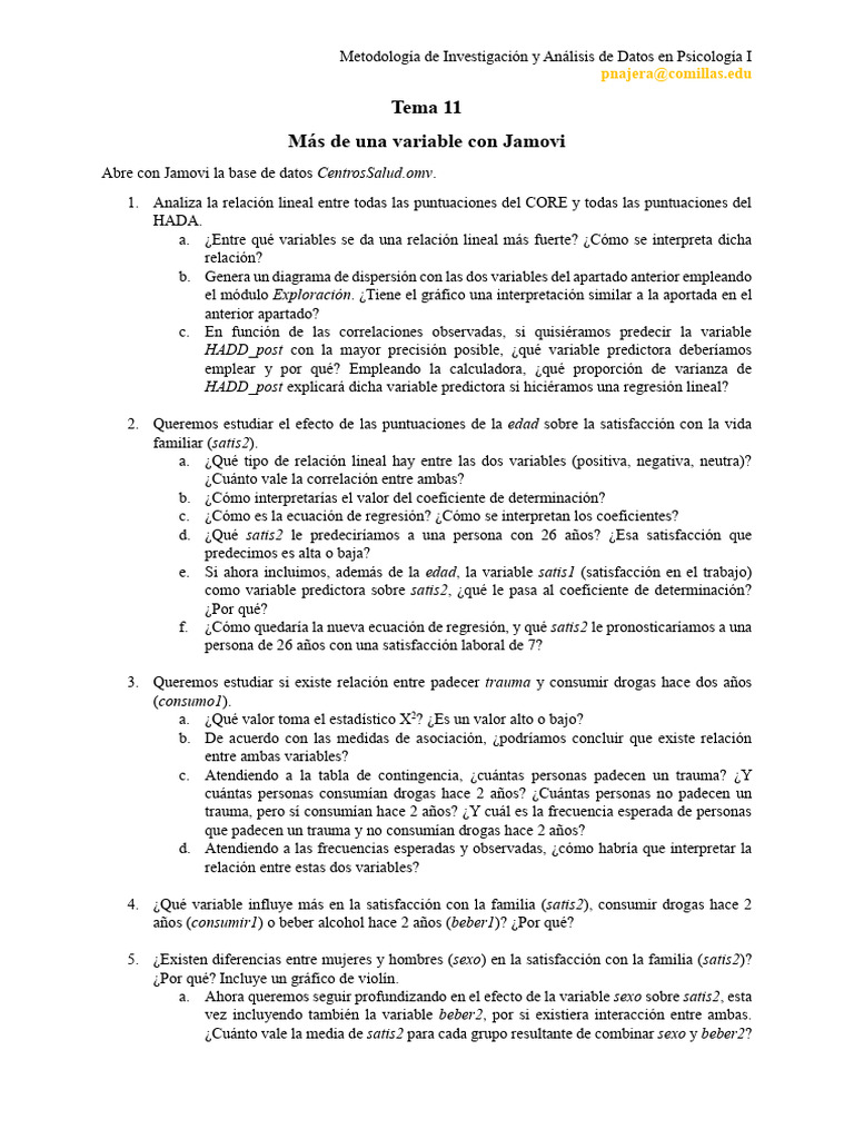 Tema 11. Ejercicios de Jamovi | PDF | Coeficiente de determinación | Análisis de regresión
