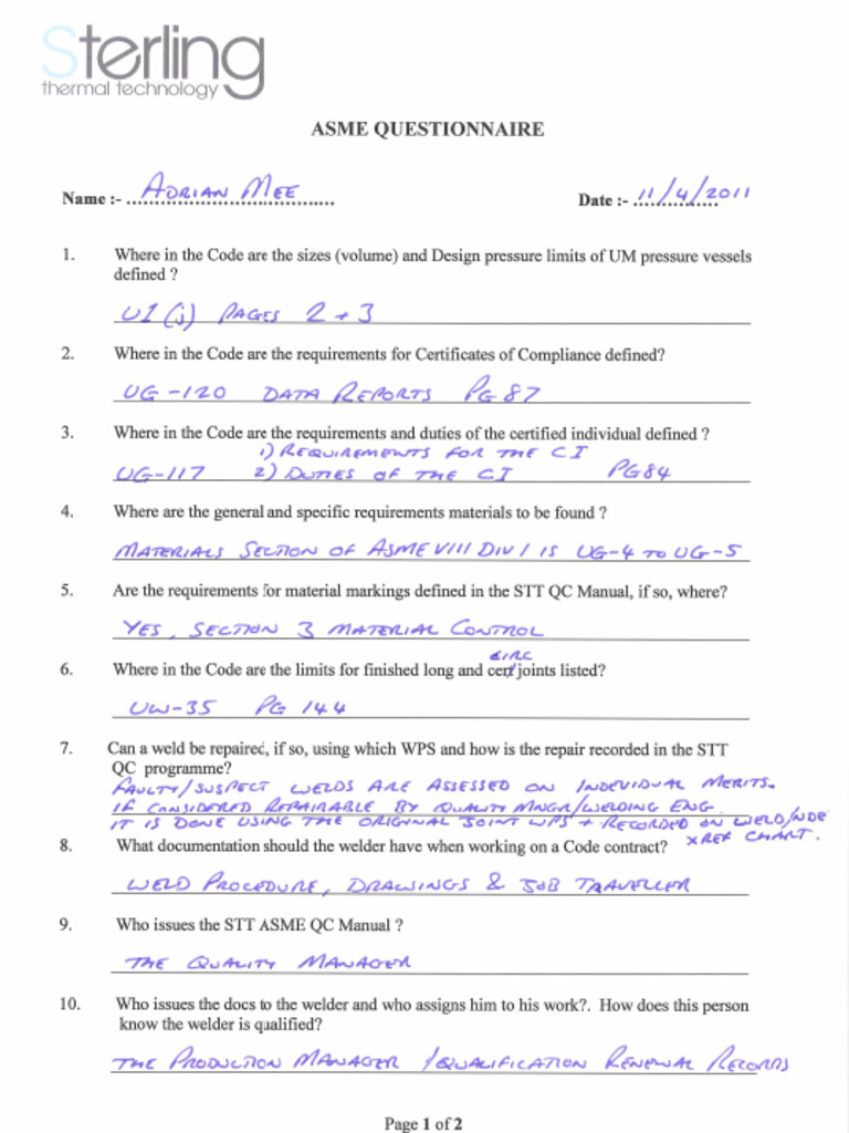 ASME Exam Questionnaire AM 11.4.11 | PDF