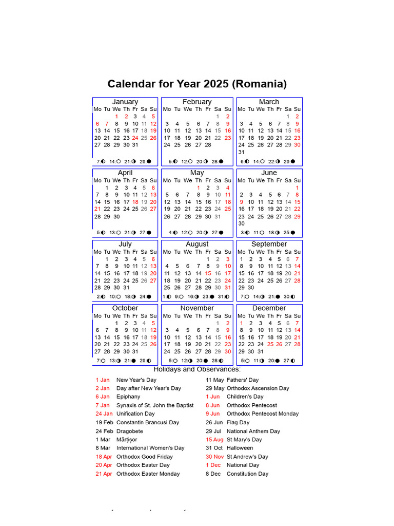 Year 2025 Calendar - Romania | PDF | Observances | Holidays