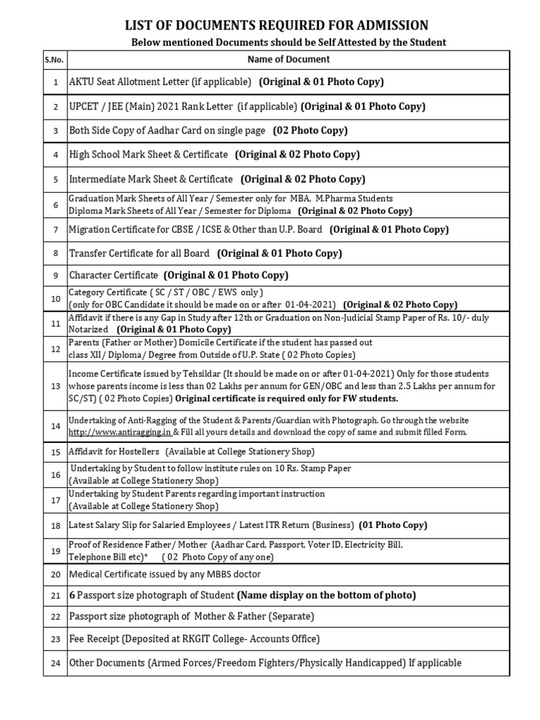 Essential Admission Documents for Students | PDF | Government And ...