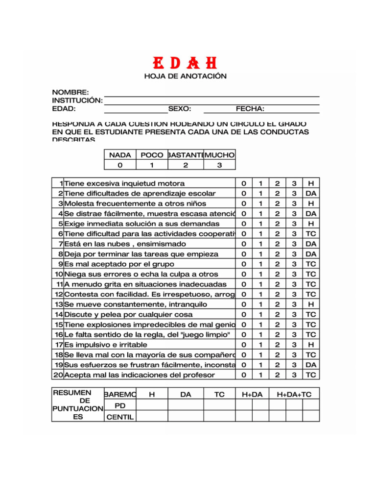 TDAH Niños - Cuestionario EDAH | PDF