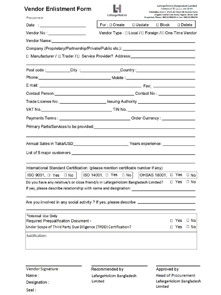 Vendor Enlistment Form LHB Updated Sep | PDF