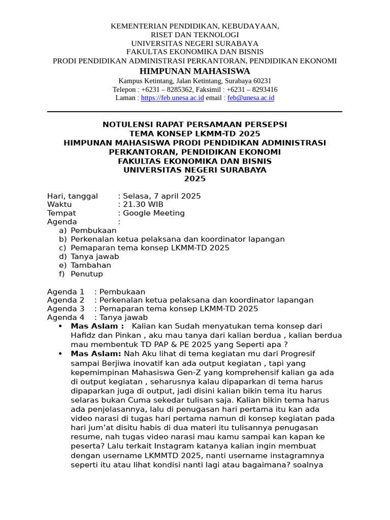 Notulensi Rapat Persamaan Persepsi Tema Konsep LKMM-TD 2025 | PDF