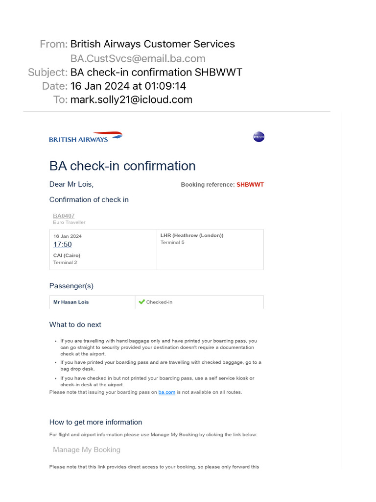 BA Check-In Confirmation SHBWWT | PDF | Transport | Aviation