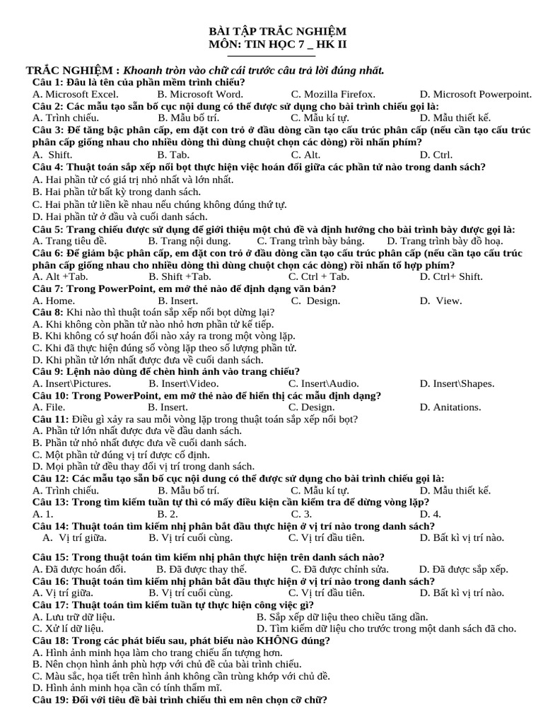 BÀI TẬP TRẮC NGHIỆM - Tin 7 - HK2 | PDF