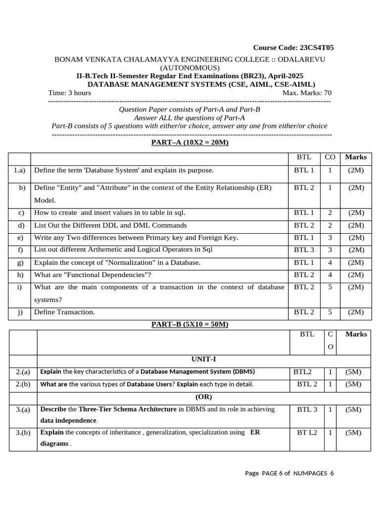 2-2 (BR23) Dbms Model Paper | PDF | Relational Model | Databases