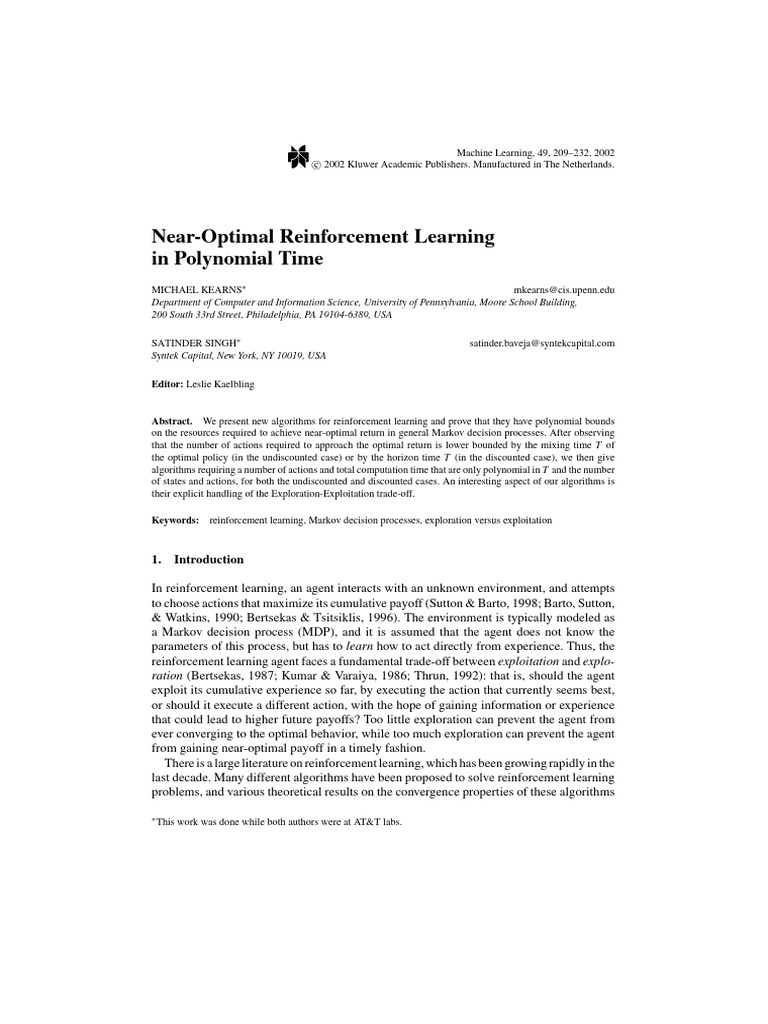 [90] Michael Kearns and Satinder Singh, Near-Optimal Reinforcement Learning in Polynomial Time ...