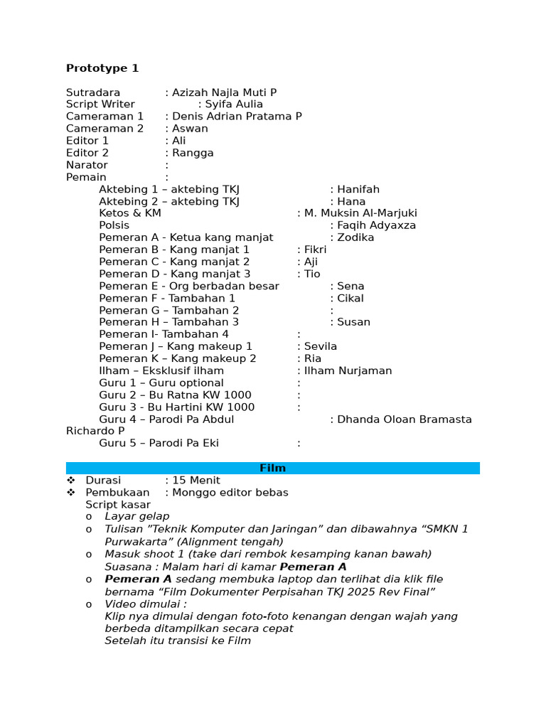 Naskah Film Dokumenter Perpisahan TKJ | PDF
