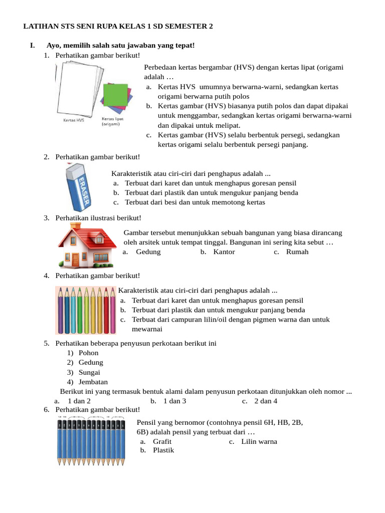 Latihan STS Seni Rupa Kelas 1 SD Semester 2 | PDF