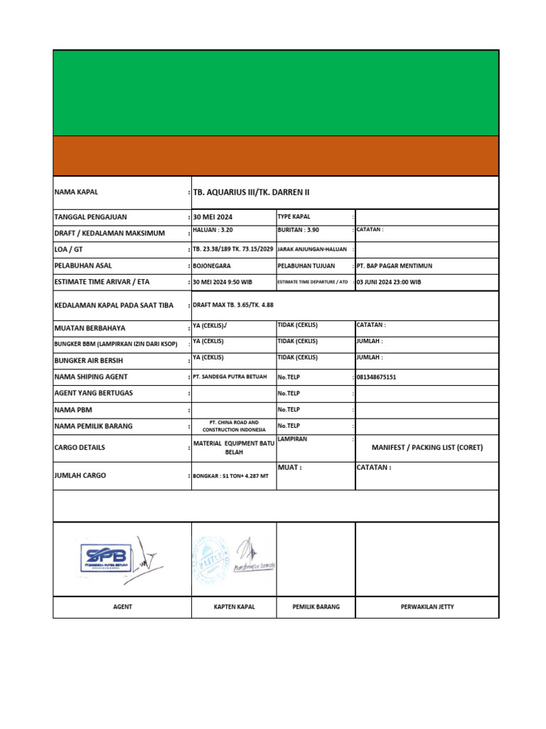 Aquarius Form Informasi Kedatangan Kapal | PDF